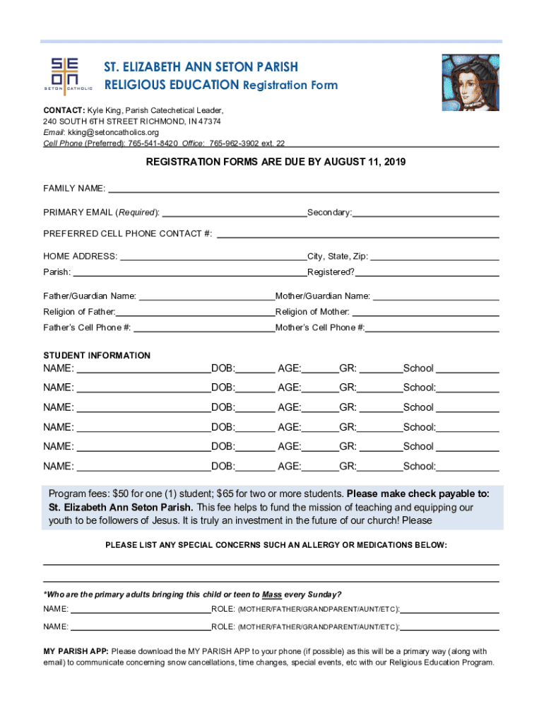 Fillable Online Religious Ed Registration Form SEAS Fax Email Print ...