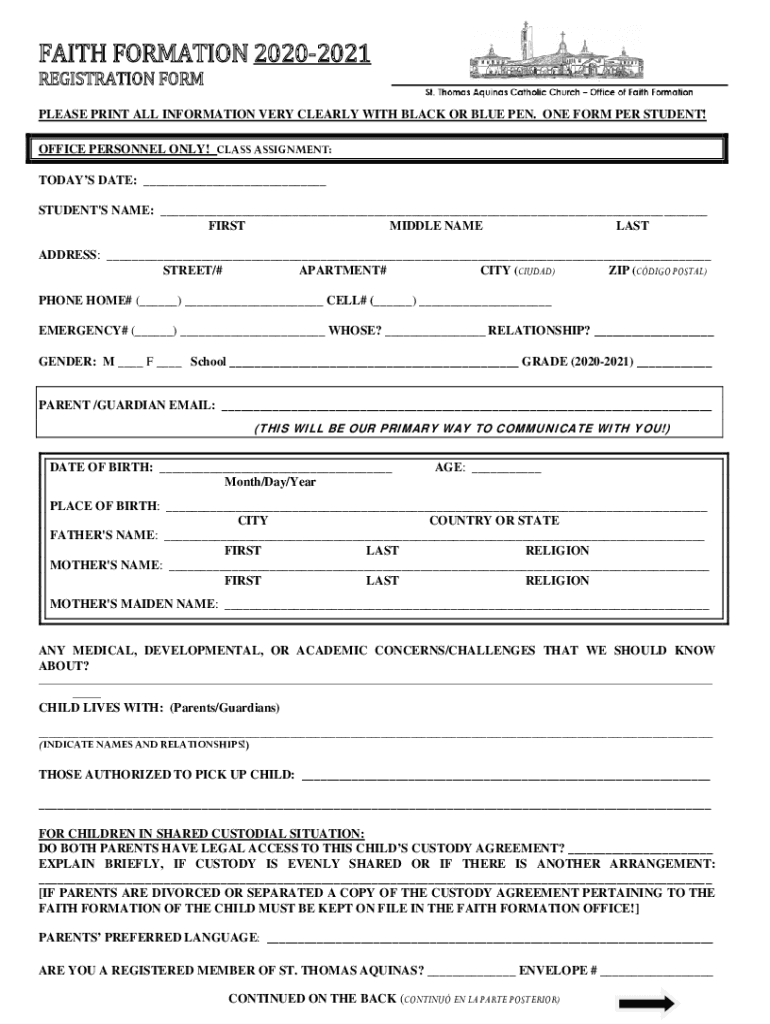 Fillable Online Faith Formation Registration Form 2020-2021 ...