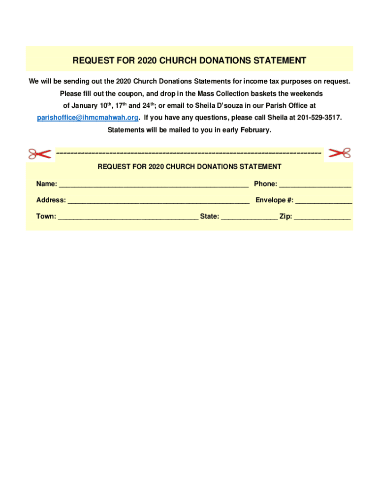 Fillable Online REQUEST FOR 2020 CHURCH DONATIONS STATEMENT Fax Email ...