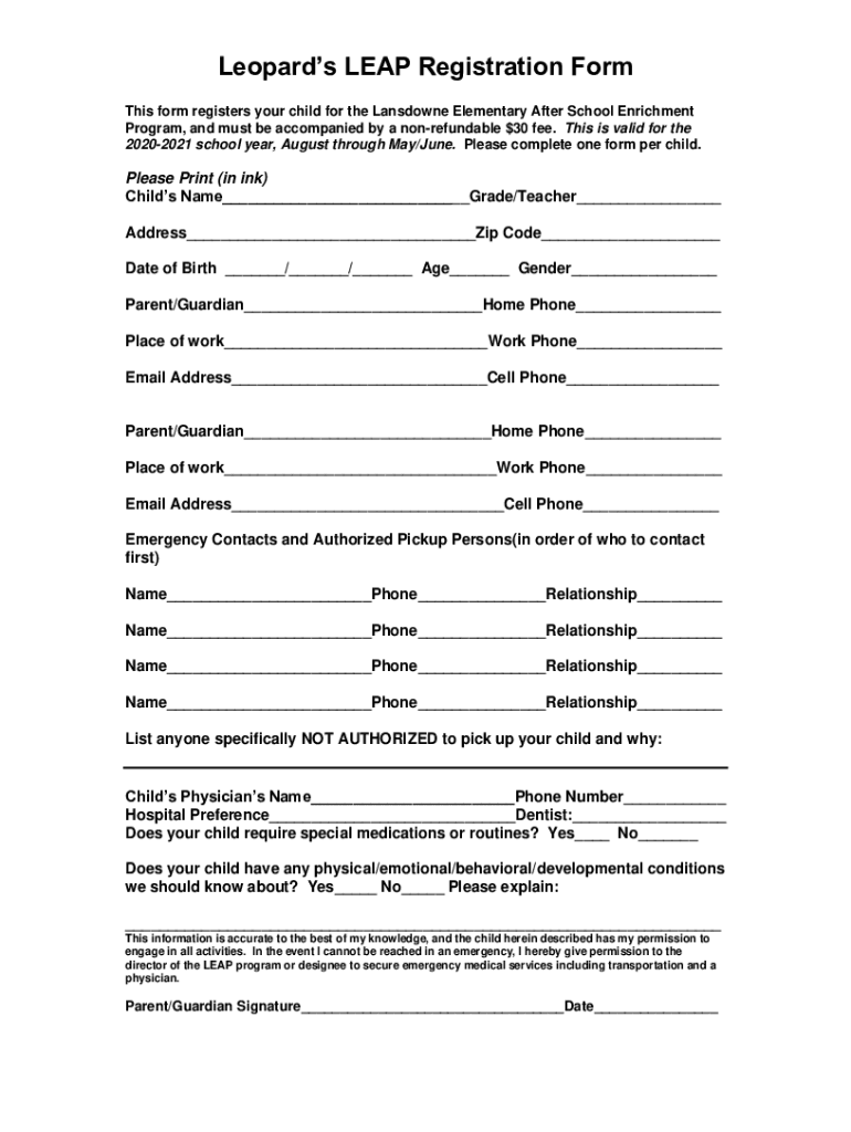 Fillable Online This form registers your child for the Lansdowne ...