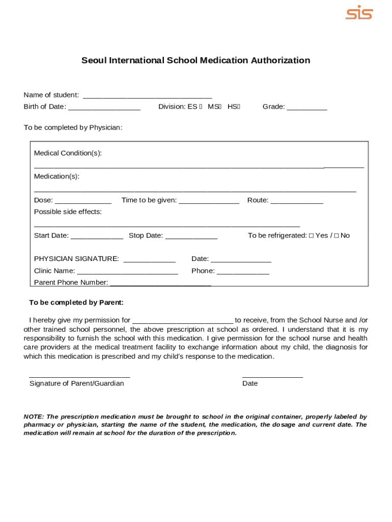 Seoul International School Medication Authorization Doc Template ...