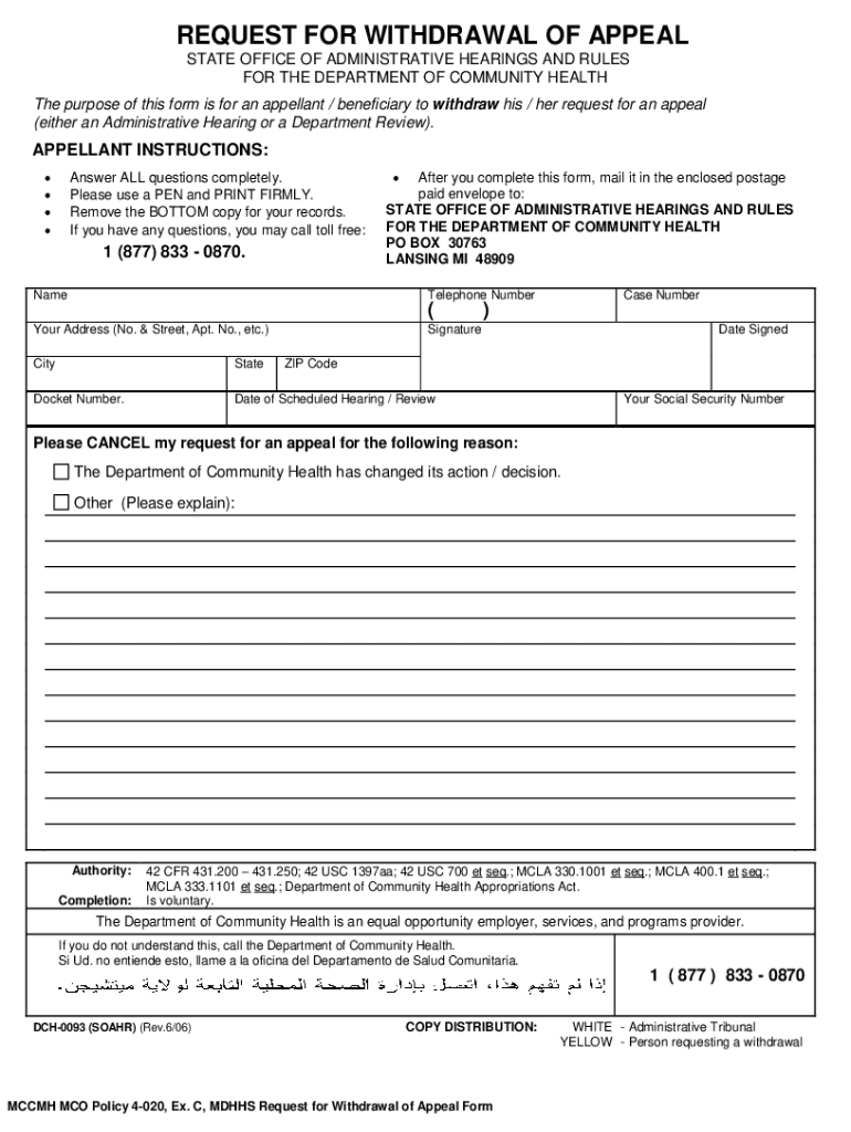 Fillable Online MDHHS Request for Withdrawal of Appeal Form Fax Email ...