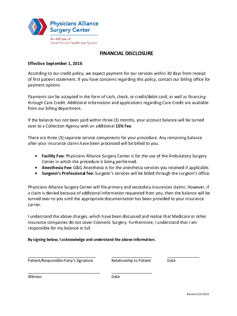 Fillable Online FINANCIAL DISCLOSURE - Physicians Alliance Surgery ...
