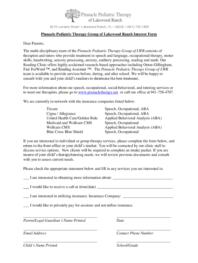 Fillable Online Therapy Interest FormPinnacle Pediatric Therapy Group ...