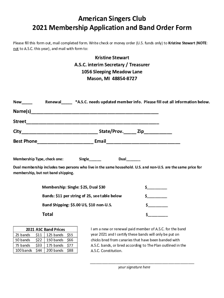 Fillable Online American Singers Club Membership Application and Band ...