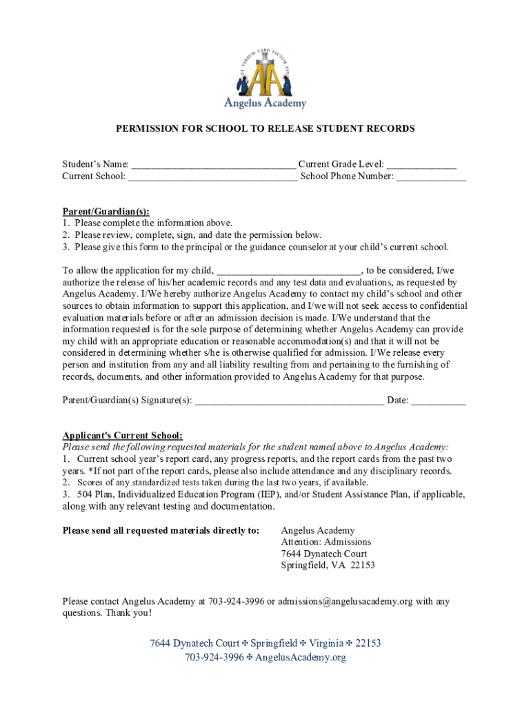 Fillable Online Request for Release of Student Records Form 2020-2021 ...