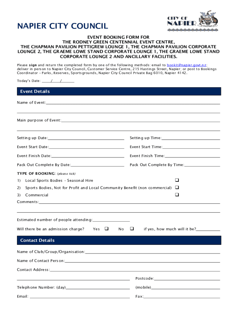 Fillable Online Rodney Green Centennial Event CentreNapier City Council ...