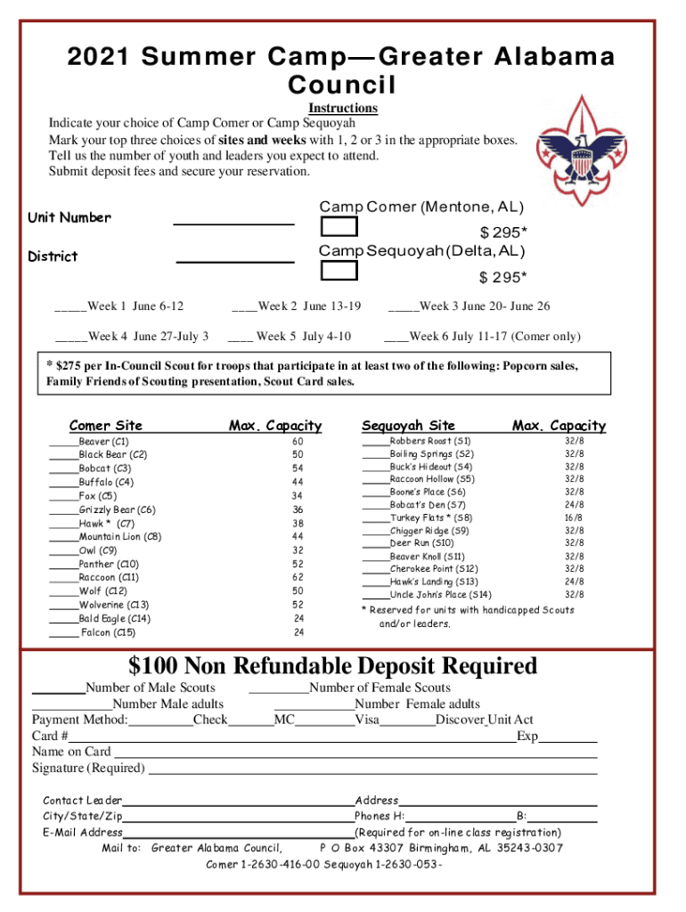 Fillable Online Camp Comer - Greater Alabama Council Fax Email Print ...