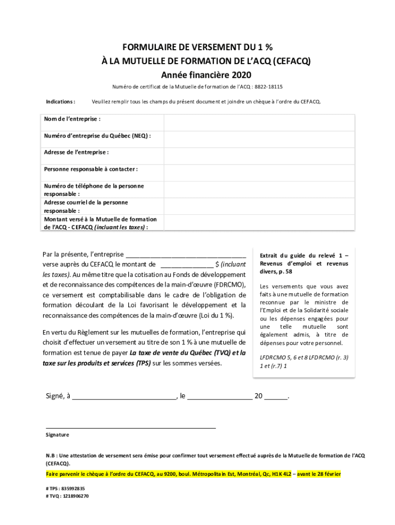 Remplissable En Ligne FORMULAIRE DE VERSEMENT DU 1 % Fax Email Imprimer ...