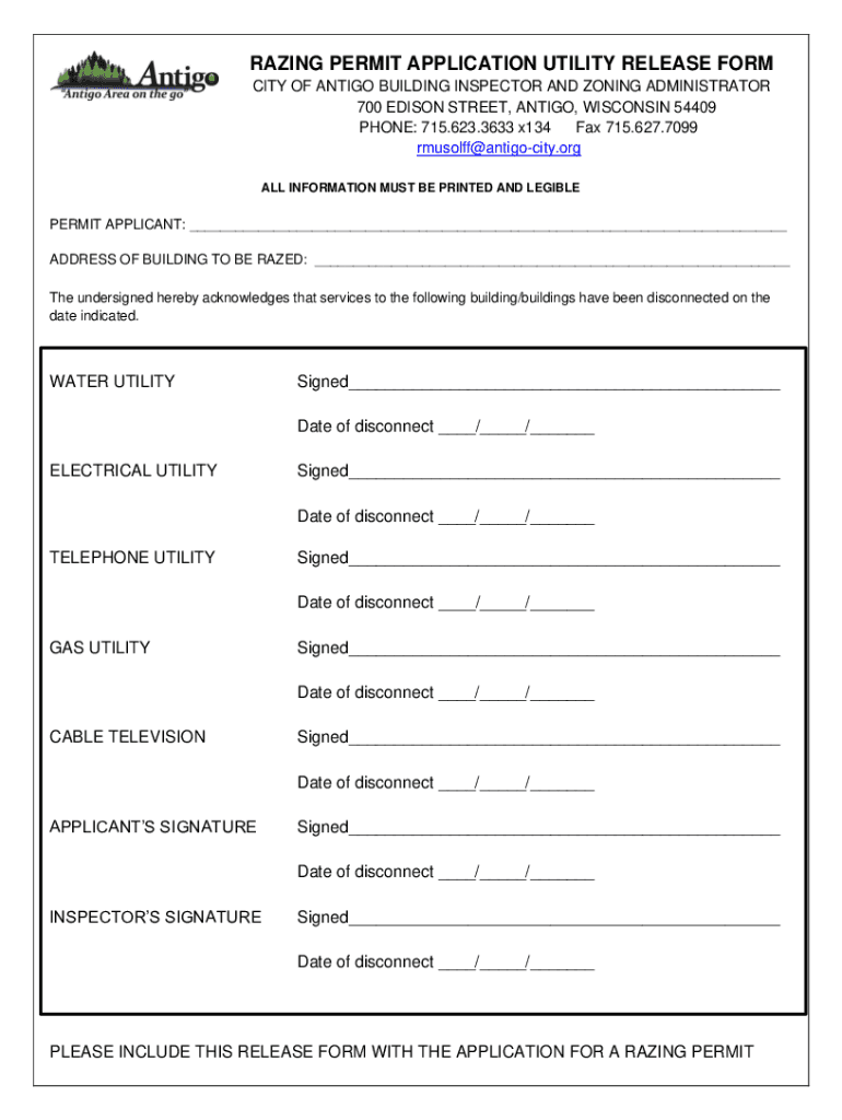 Fillable Online RAZING PERMIT APPLICATION UTILITY RELEASE FORM Fax ...