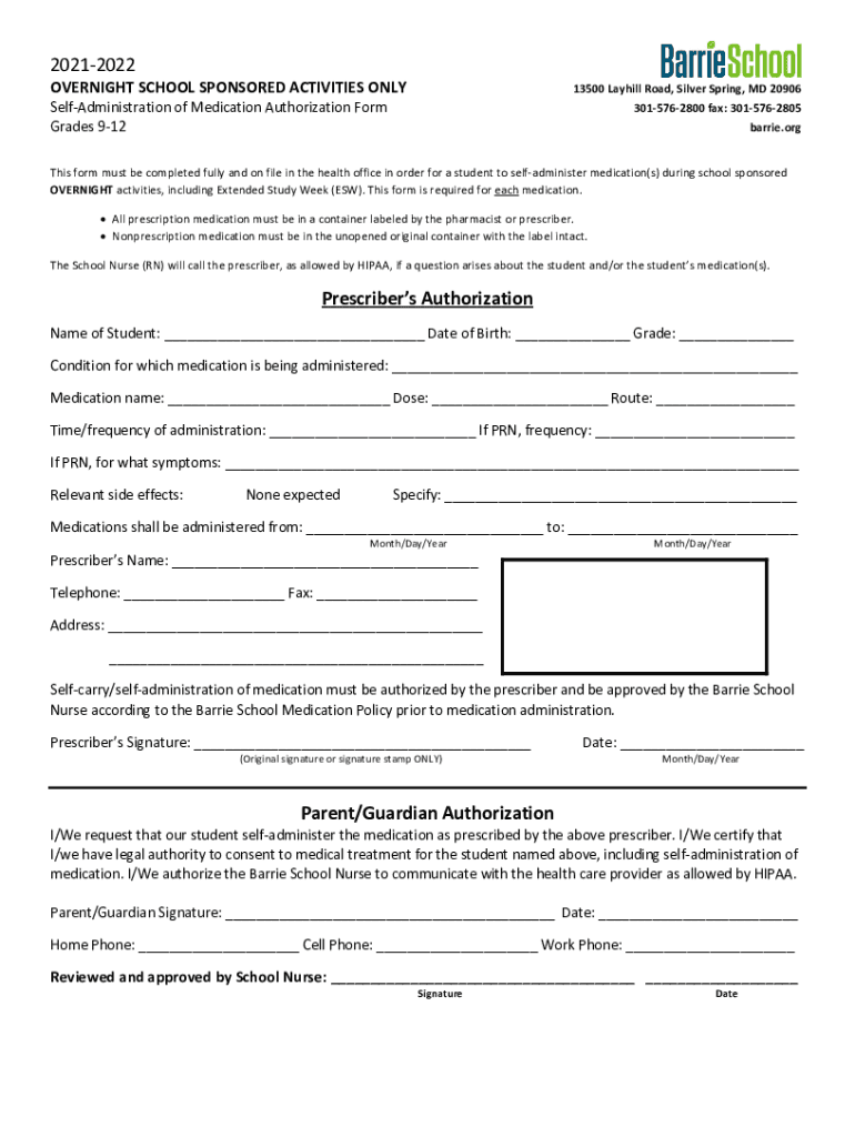 Fillable Online PDF 2021-2022 Prescriber's Authorization Parent ... - Barrie School Fax Email ...