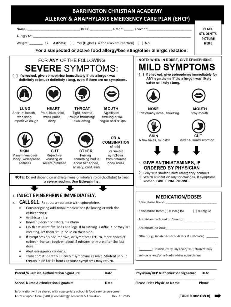Fillable Online ALLERGY & ANAPHYLAXIS EMERGENCY CARE PLAN (EHCP) Fax ...