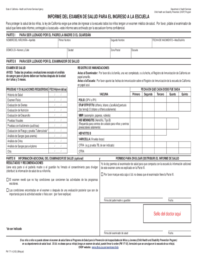 Fillable Online Report of Health Examination for School Entry ...