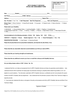 Fillable Online BRTC DISABILITY SERVICES INTAKE AND ASSESSMENT FORM Fax ...