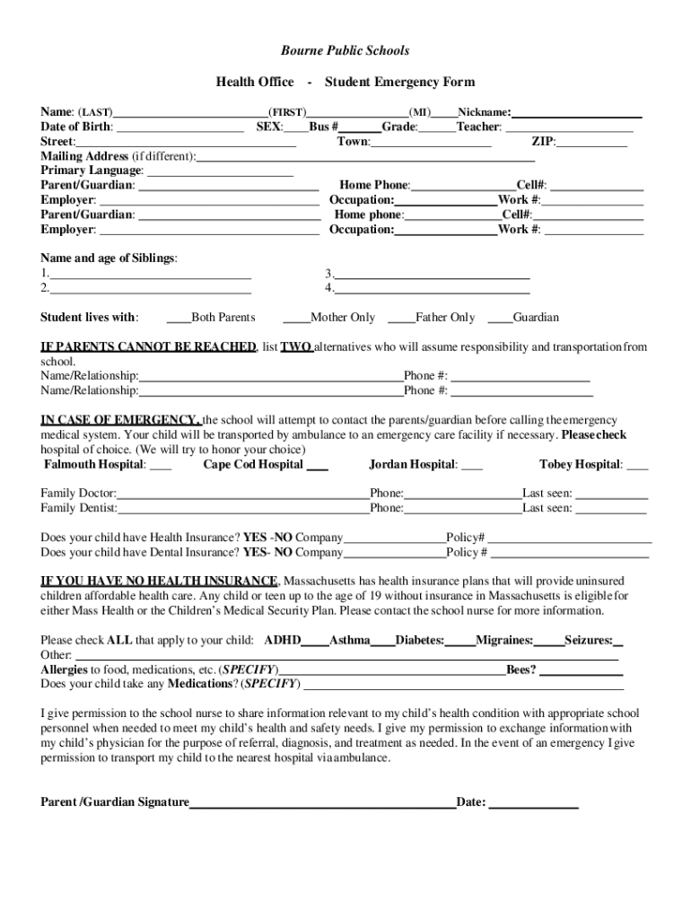Fillable Online Health Office - Student Emergency Form Fax Email Print ...