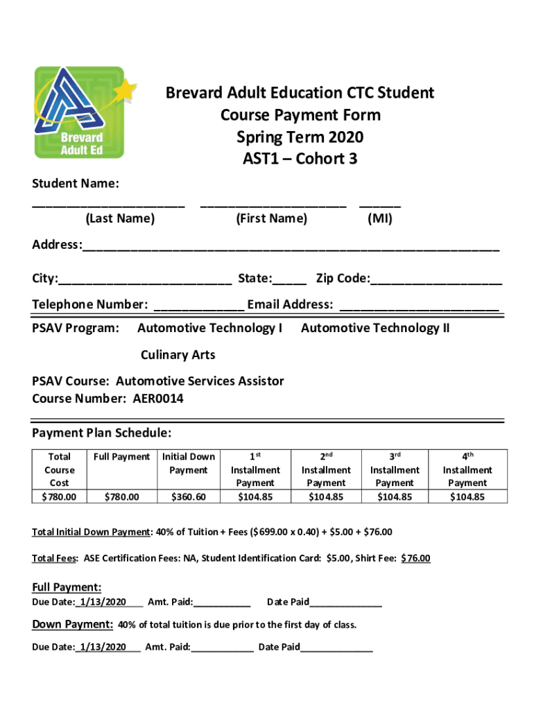 Fillable Online BAE CTC Student Course Payment Form Automotive Service ...