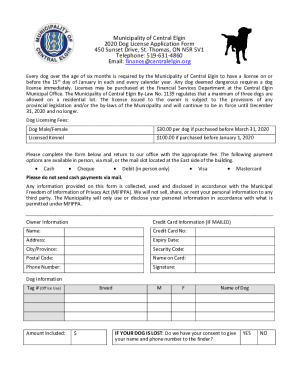 Fillable Online Municipality of Central Elgin 20 Dog License ...