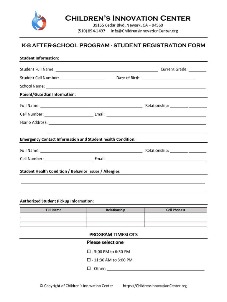 Fillable Online K-8 AFTER-SCHOOL PROGRAM - STUDENT REGISTRATION FORM ...