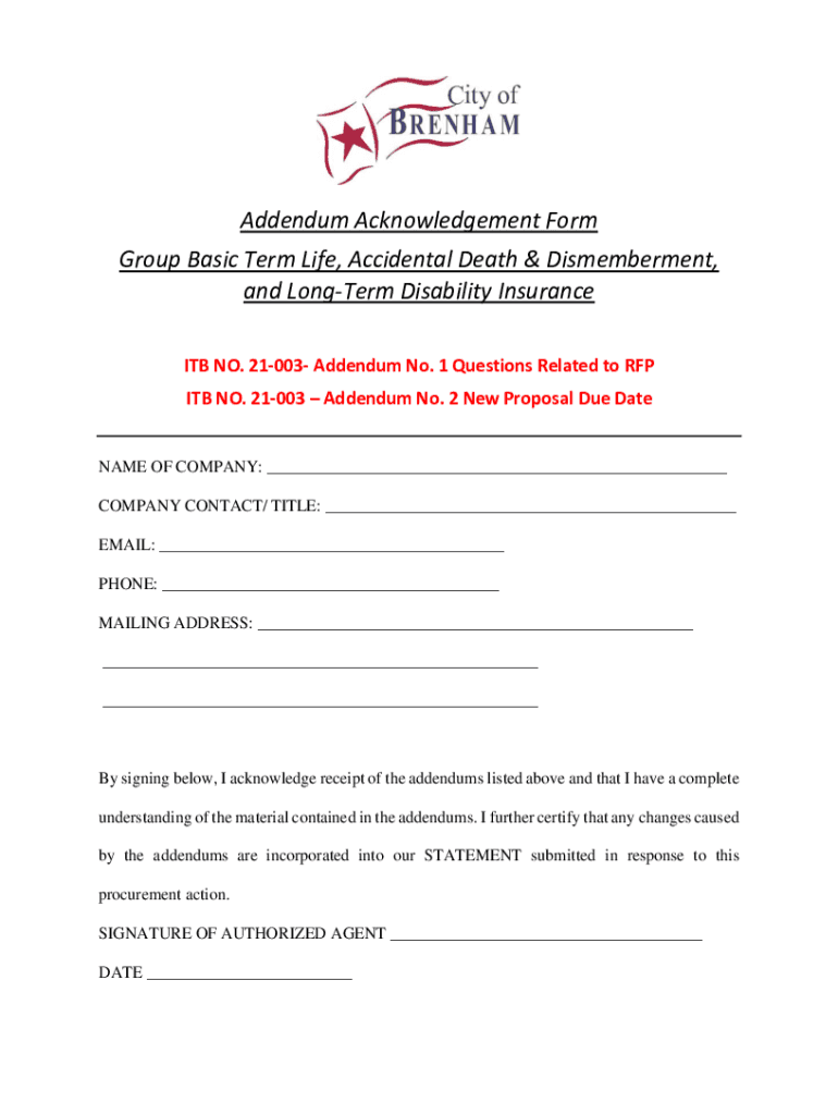 Fillable Online Addendum Acknowledgement Form Group Basic Term Life ...