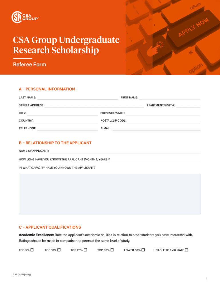 Fillable Online CSA Group Undergraduate Research Scholarship Referee ...