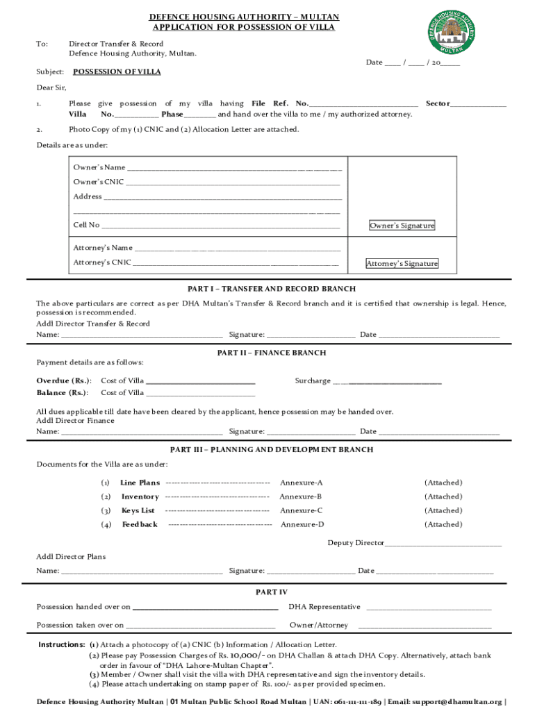 Fillable Online DEFENCE HOUSING AUTHORITY MULTAN APPLICATION FOR POSSESSION ... Fax Email Print ...
