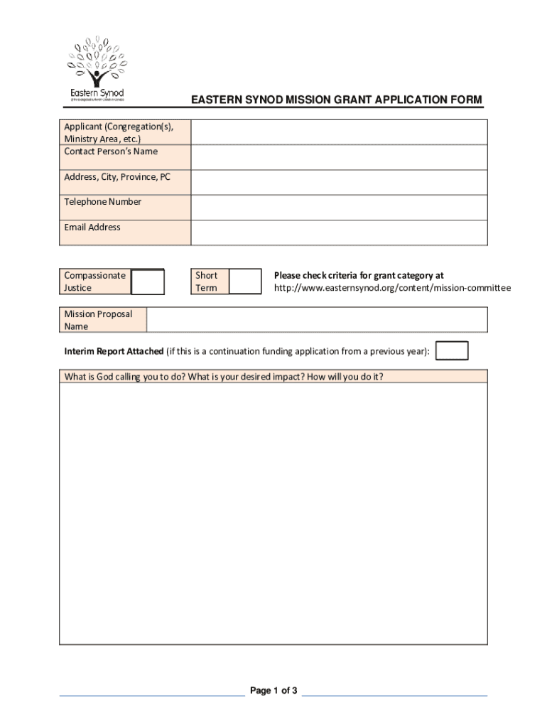 Fillable Online EASTERN SYNOD MISSION GRANT APPLICATION FORM Fax Email ...