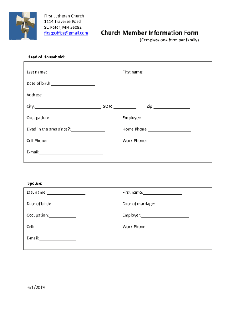 Fillable Online Church Member Information Form - First Lutheran Church ...