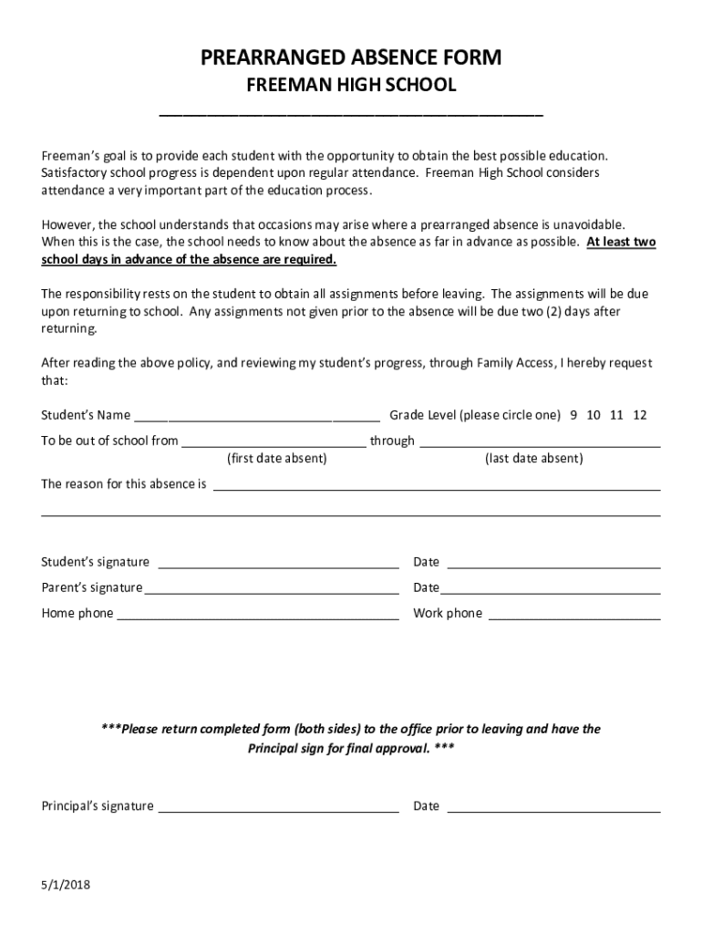 Fillable Online PREARRANGED ABSENCE FORM - Freeman School District Fax ...
