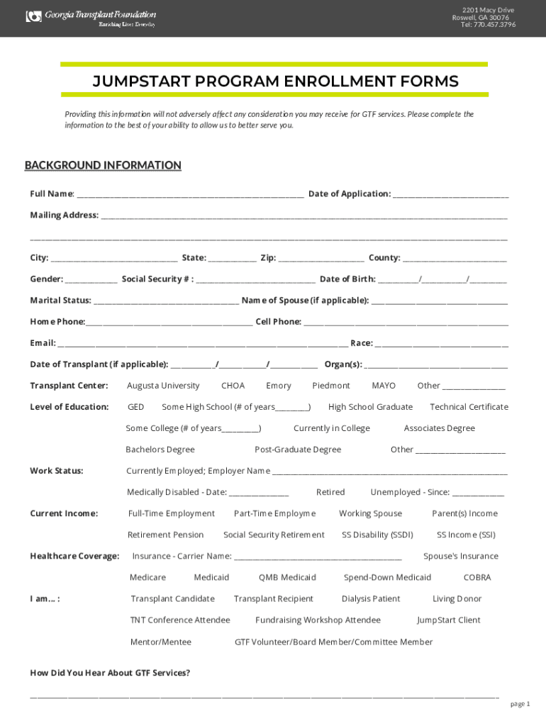 Fillable Online JumpStart Enrollment Form - Georgia Transplant ...