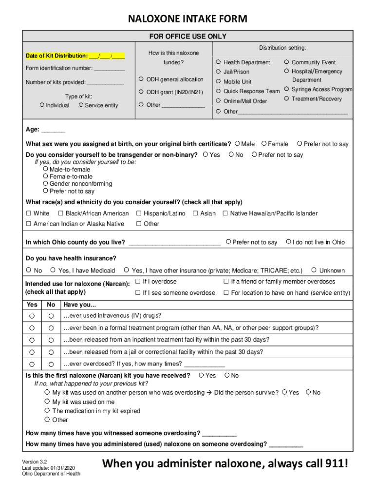 Fillable Online NALOXONE INTAKE FORM Fax Email Print - pdfFiller
