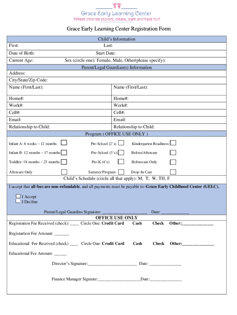 Fillable Online Grace Early Learning Center Registration Form Fax Email Print - pdfFiller