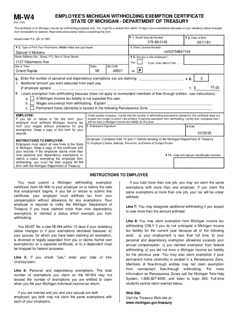 Fillable Online Michigan Employee's Michigan Withholding Exemption ...