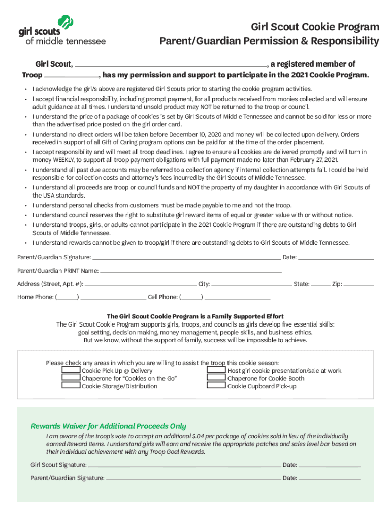Fillable Online Girl Scout Cookie Parent/Guardian Permission and ...