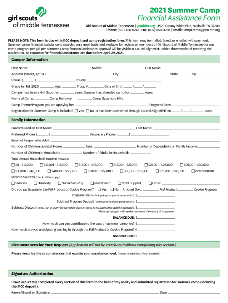 Fillable Online 2021 Summer Camp Registration Form - Girl Scouts of Middle TN Fax Email Print ...