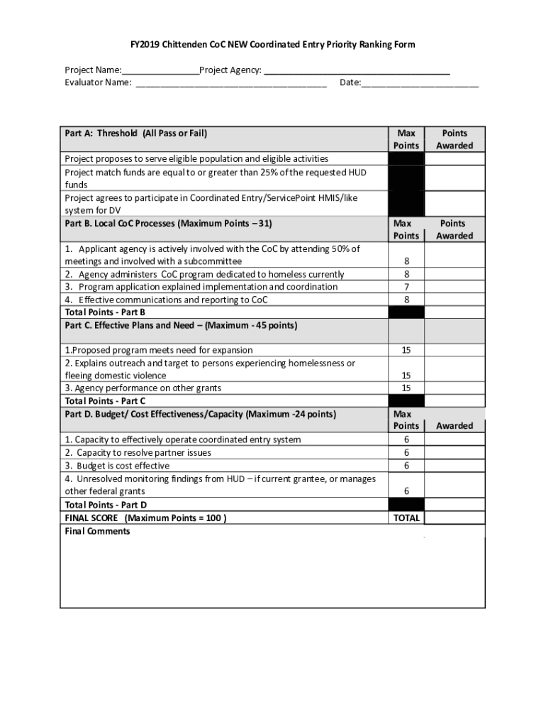 Fillable Online FY2019 Chittenden CoC NEW Project Priority Ranking Form ...