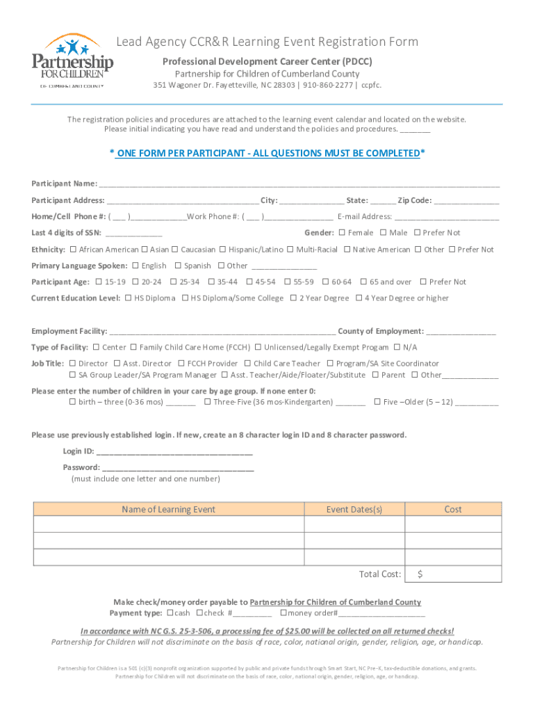 Fillable Online Lead Agency CCR&R Learning Event Registration Form Fax ...