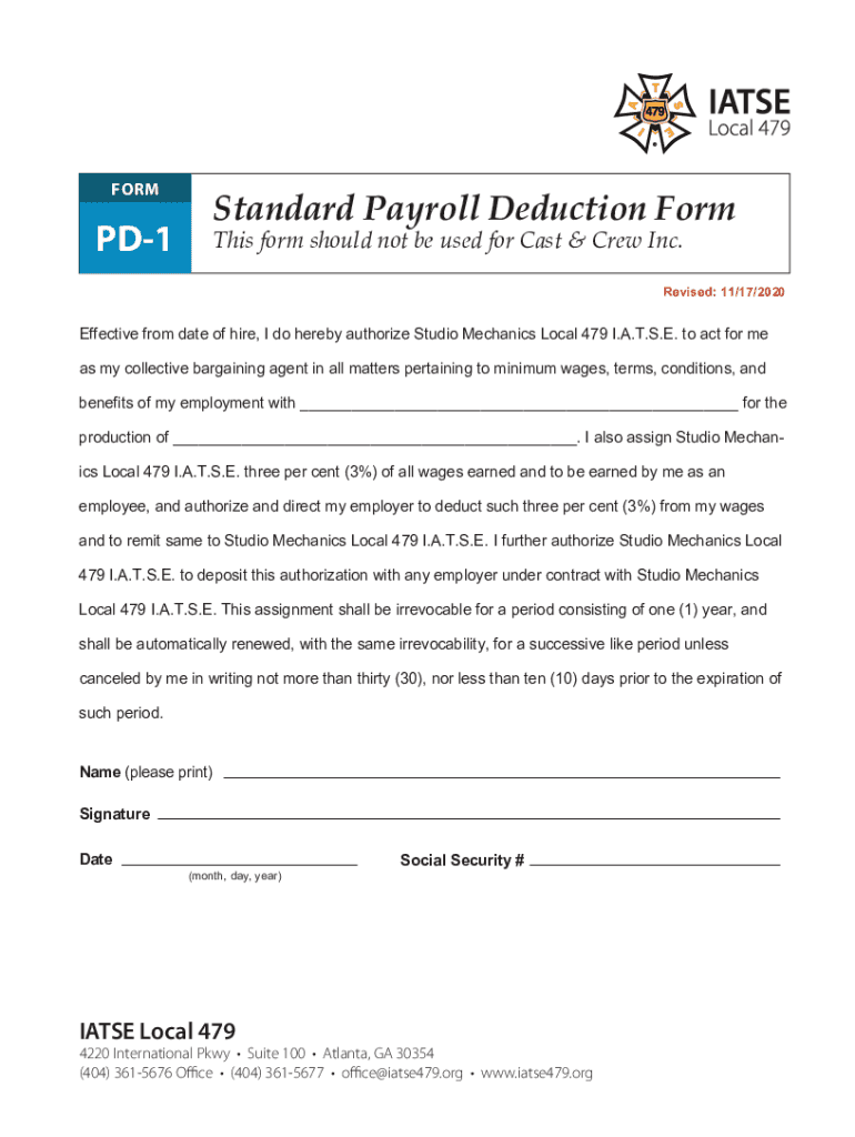 Fillable Online Standard Payroll Deduction Form - IATSE Local 479 ...