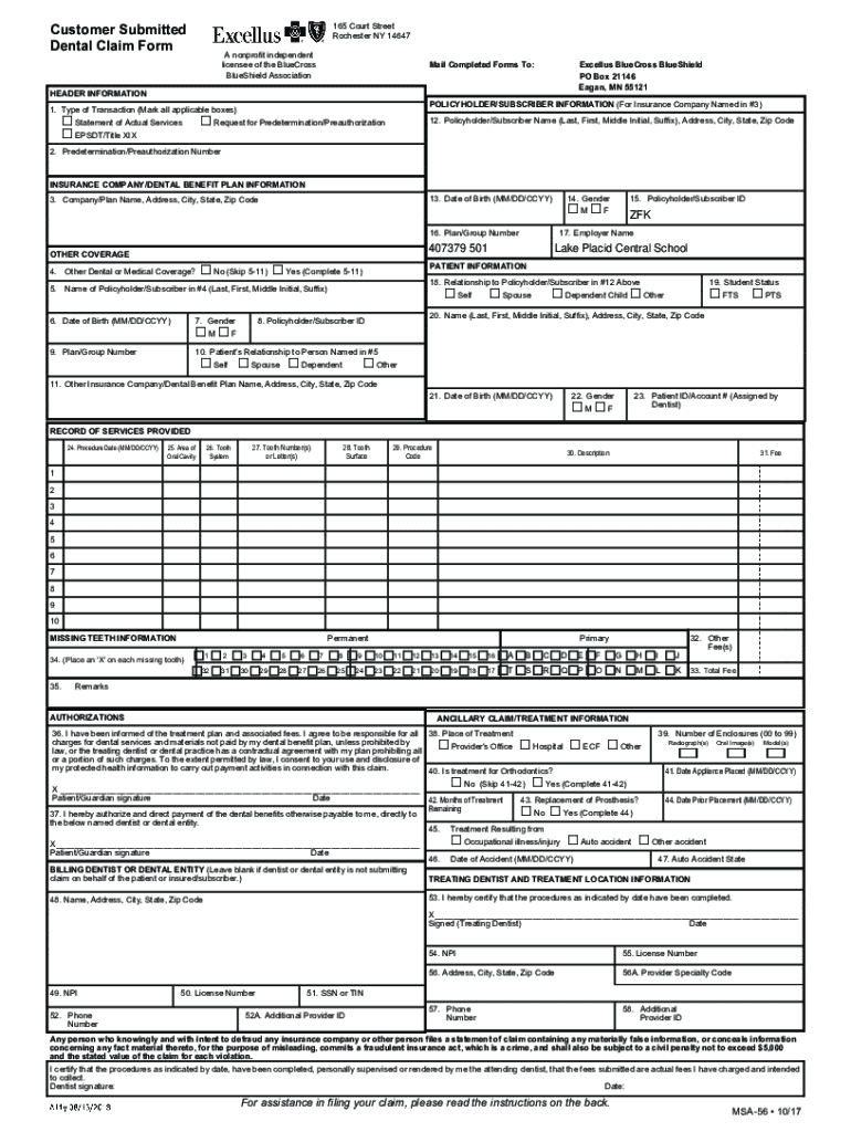 Fillable Online Excellus Dental Claim Form - Fill Online, Printable ...