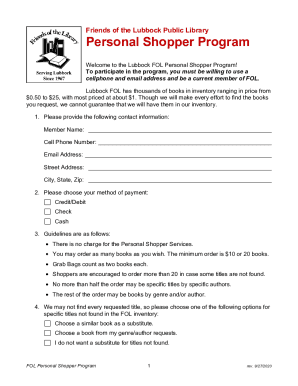 Fillable Online FOL Personal Shopper Order Form Fax Email Print - pdfFiller