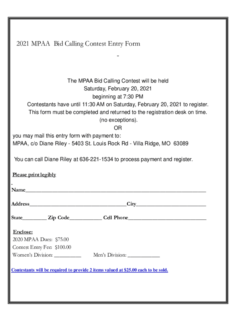 Fillable Online 2021 MPAA Bid Calling Contest Entry Form Fax Email ...