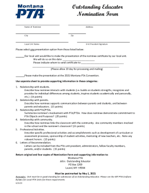 Fillable Online Outstanding Educator Information - Montana PTA Fax ...
