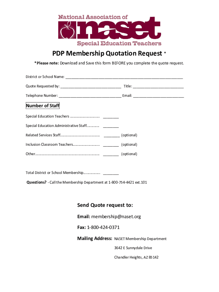 Fillable Online PDP Membership Quotation Request - NASET Fax Email ...