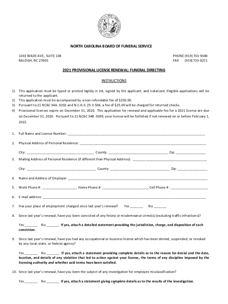 Fillable Online Provisional License Renewal Application - North Carolina ... Fax Email Print ...