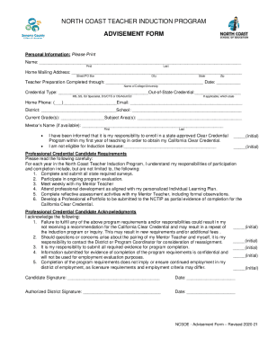 Fillable Online Advisement Form. North Coast Teacher Induction Program ...