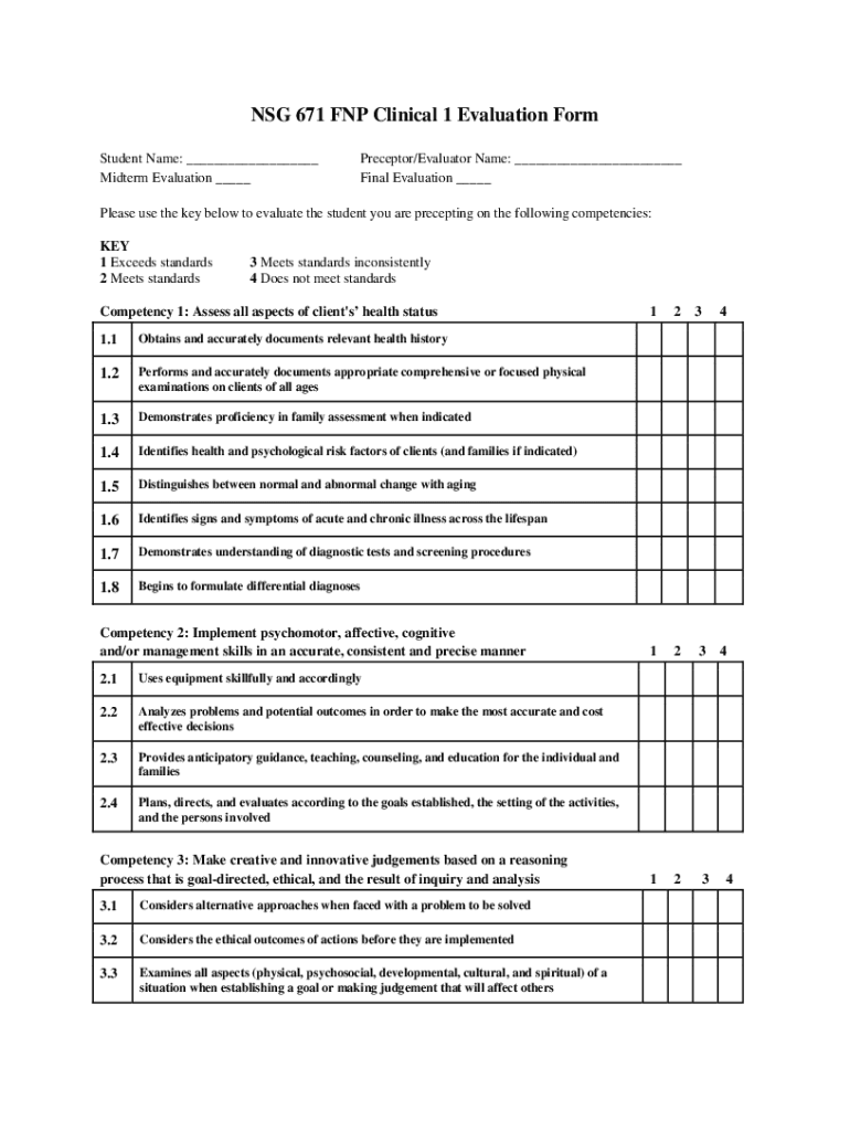 Fillable Online NSG 671 FNP Clinical 1 Evaluation Form - Le Moyne ...