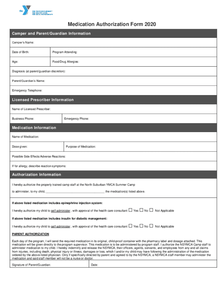 Fillable Online Medication Authorization Form 2020 - North Suburban ...