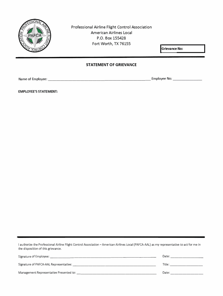 Fillable Online PAFCA-AAL Grievance Form Fax Email Print - pdfFiller