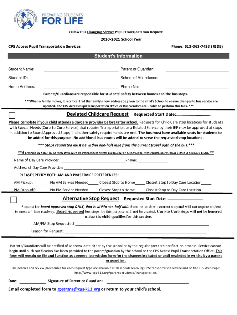 Fillable Online Yellow Bus Changing Service Pupil Transportation ...