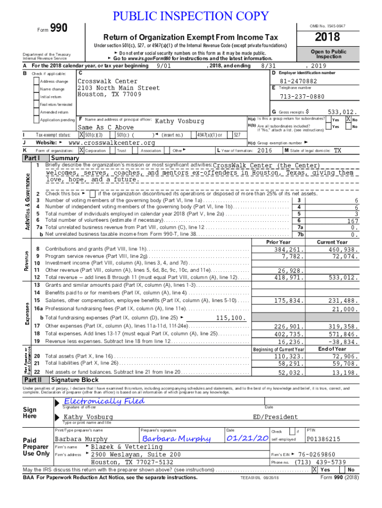 Fillable Online 2018 Form 990 for Crosswalk Center - Public Copy (01-21 ...
