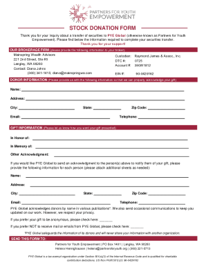 Fillable Online STOCK DONATION FORM - Partners For Youth - PYE Global ...